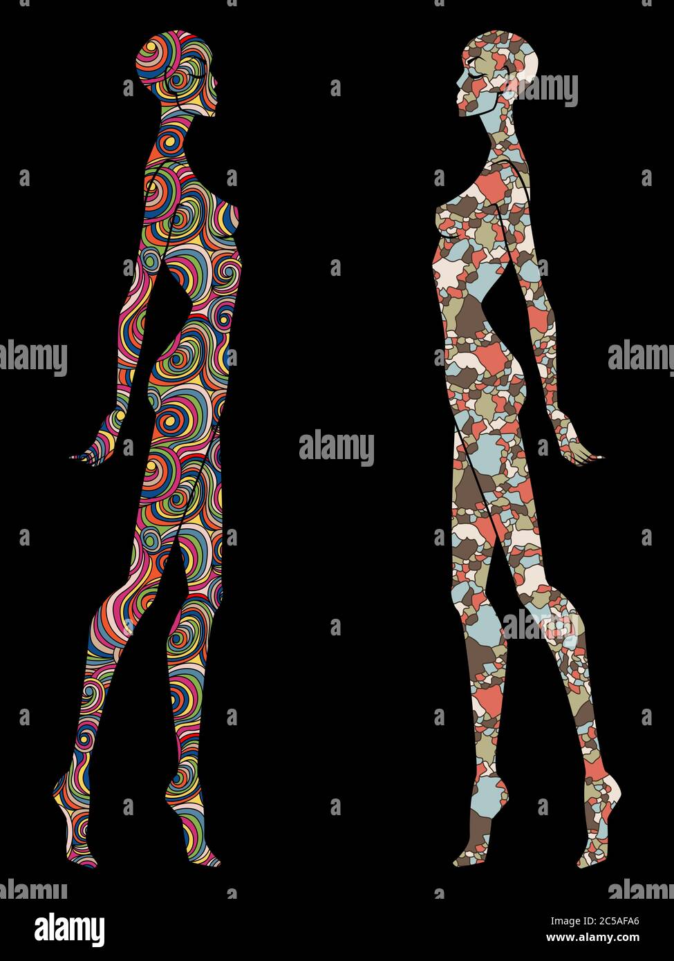 Two ladies body contour decorated with various patterns, isolated on ...