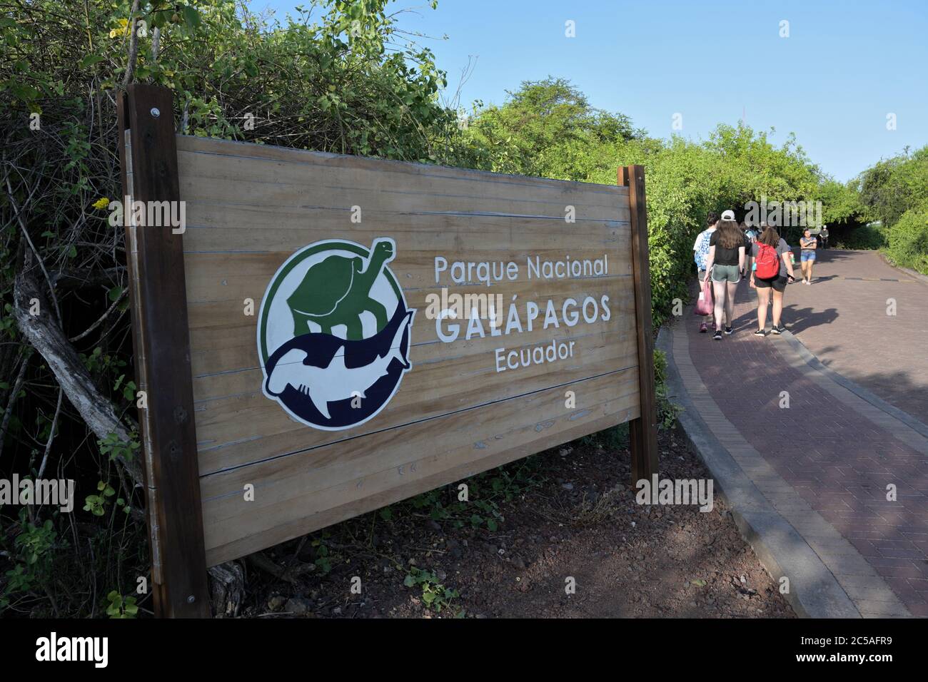 Entrance sign to Galapagos National Park, Isabella Island Stock Photo ...