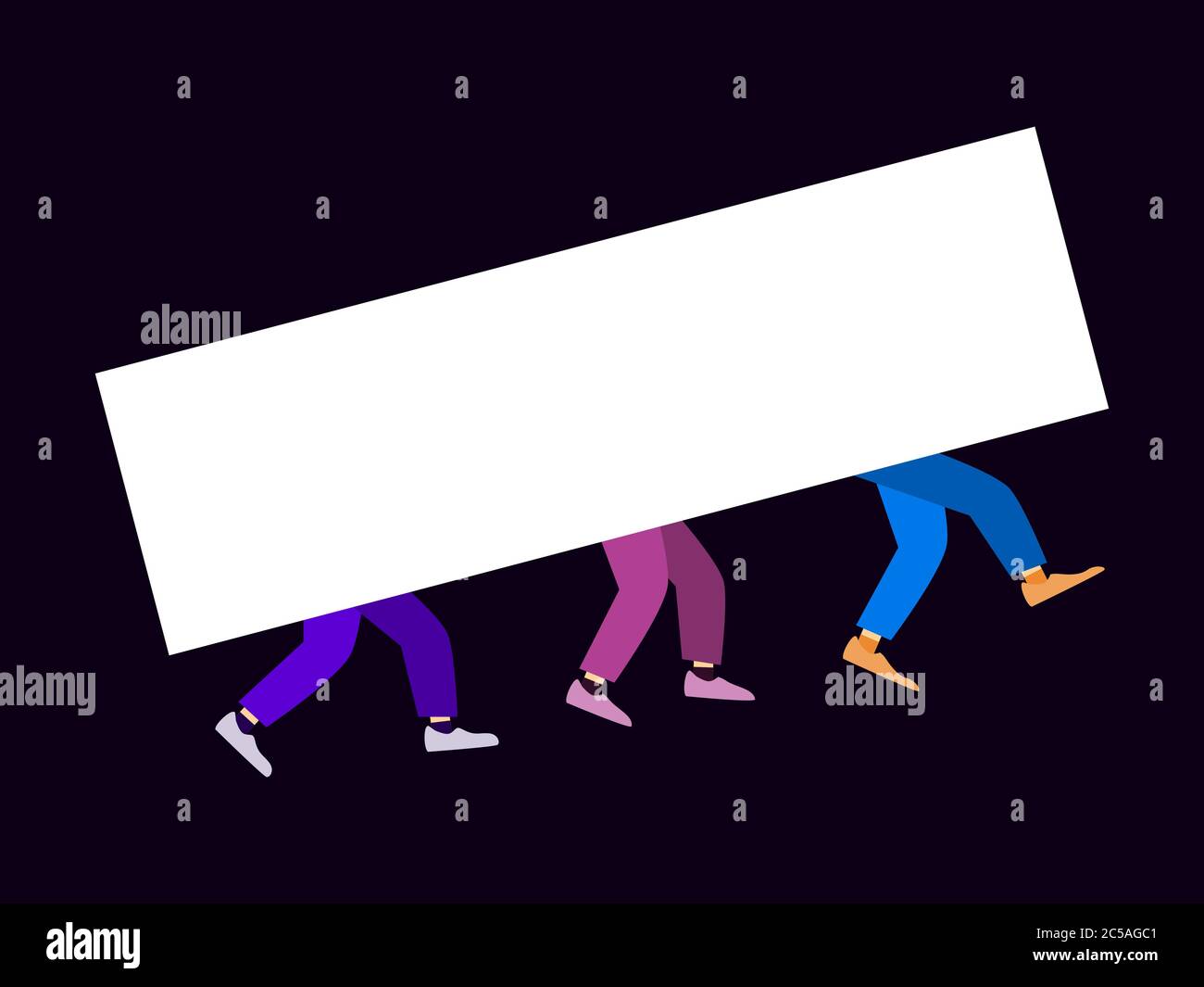 Group of people are holding a white banner, view of the legs in ...