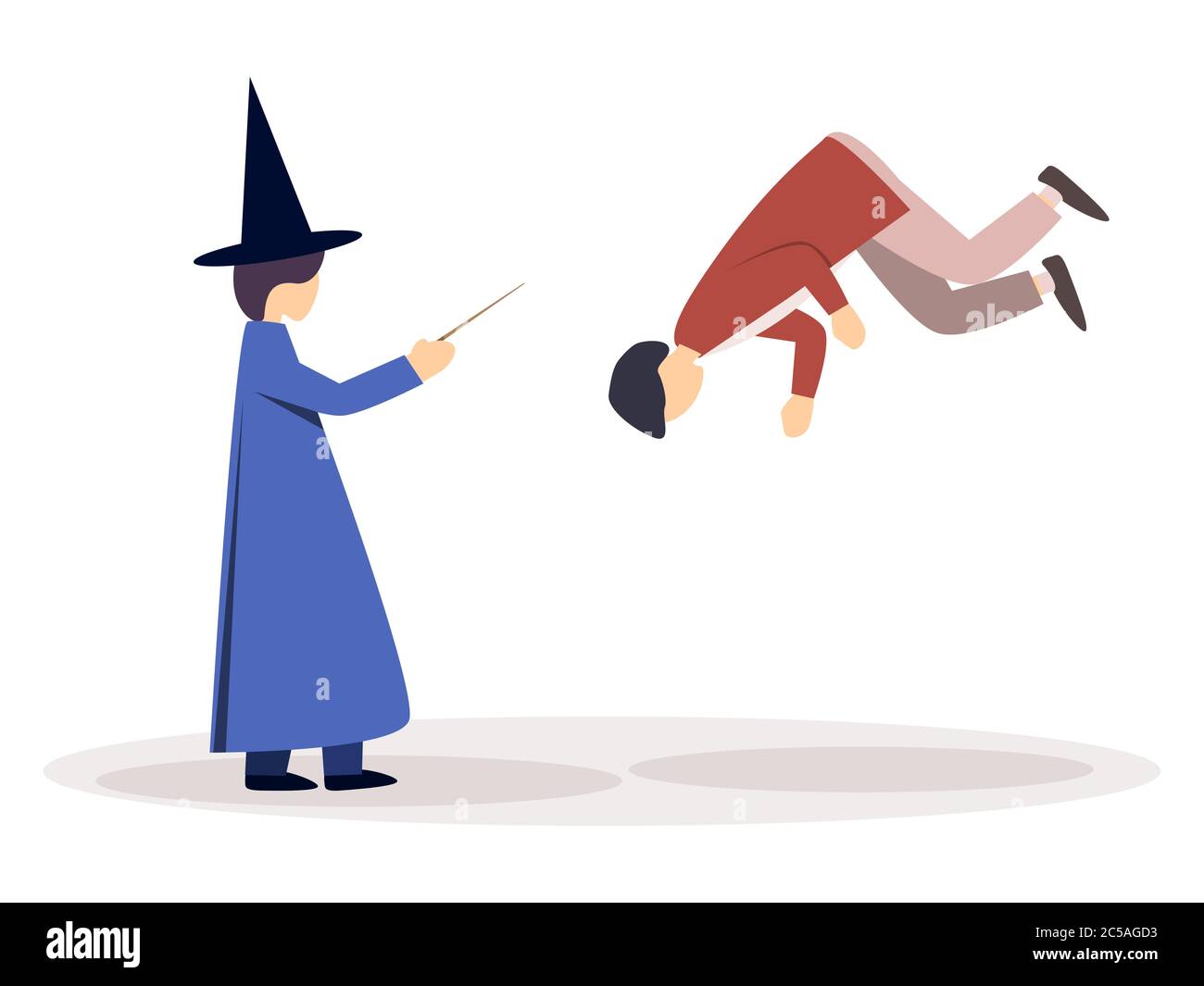 Wizard in a cloak and a witch's hat, holds a magic wand in his hand ...