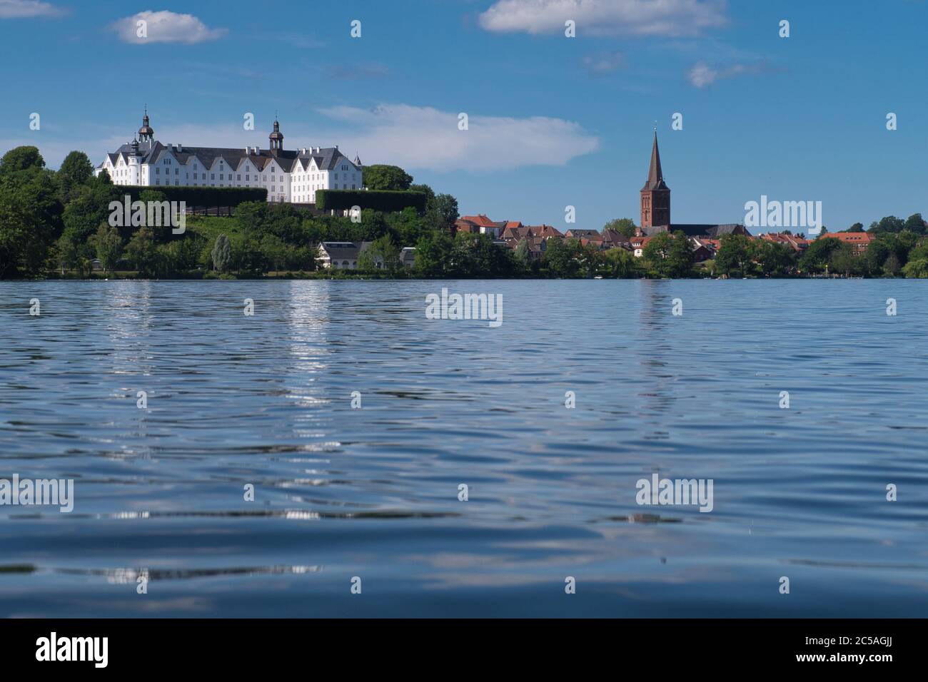 Skyline, view from great ploner ploener lake to plon castle and church ...