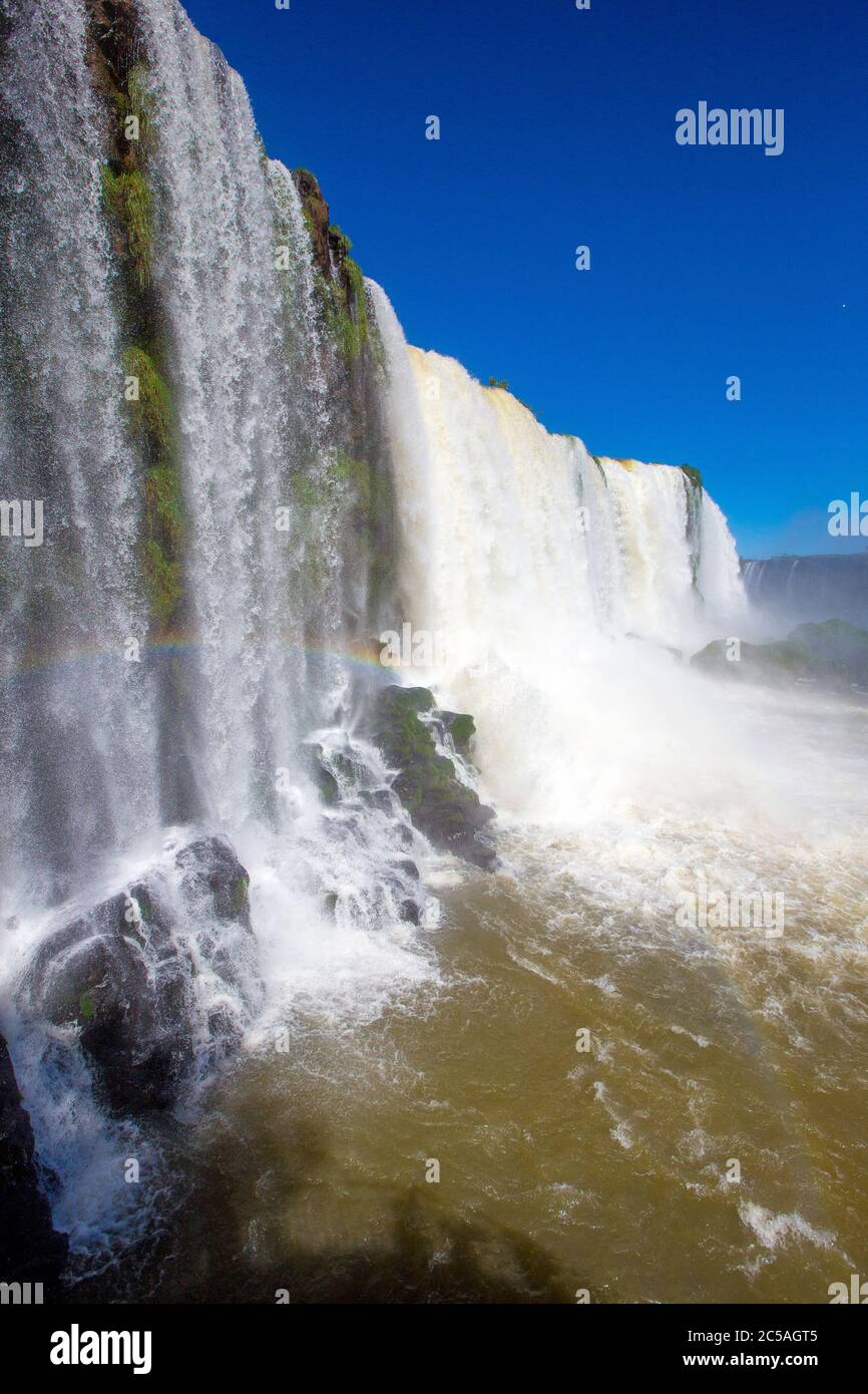 Iguazu Falls in Brazil surrounded by trees under the blue sky Stock ...
