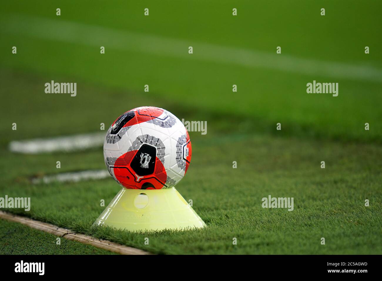 Match ball on a cone during the Premier League match at Goodison Park ...