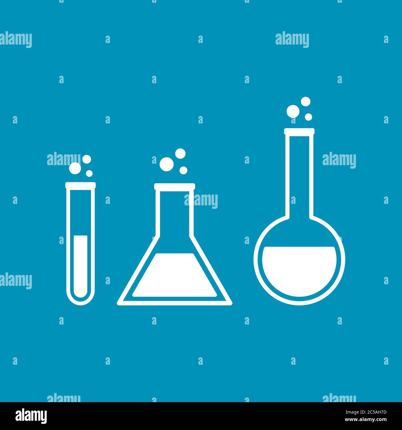 White lab glassware icons on blue background. Chemistry beakers ...