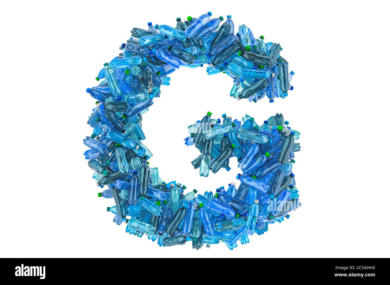Letter G from plastic water bottles, 3D rendering isolated on white ...