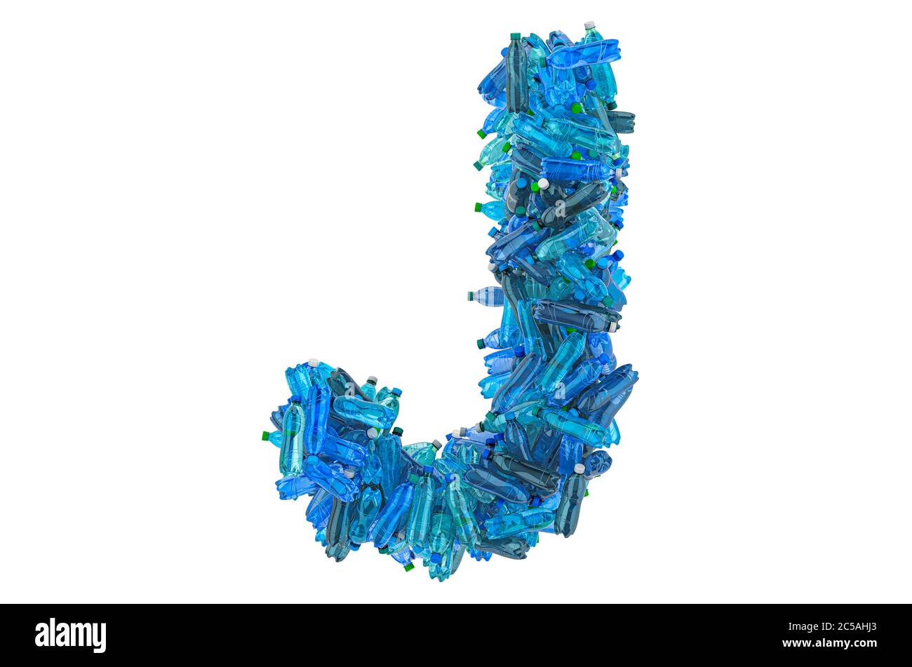 Letter J from plastic water bottles, 3D rendering isolated on white ...
