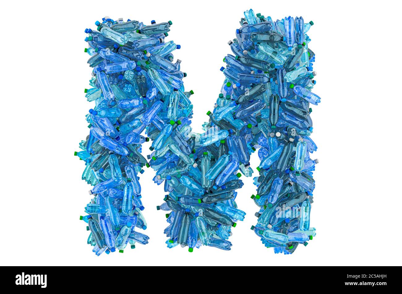 Letter M from plastic water bottles, 3D rendering isolated on white ...