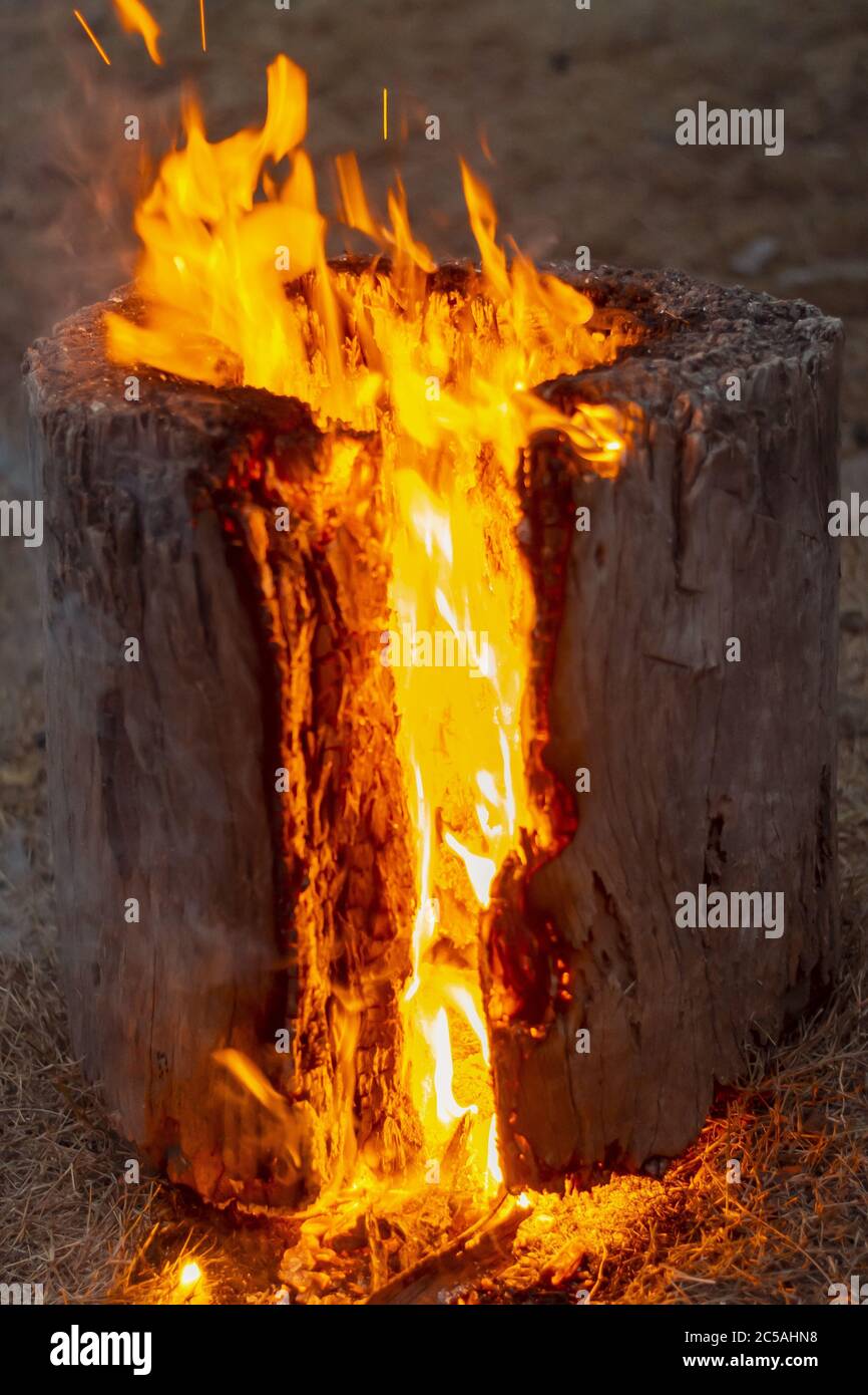 Vertical image of a burning log creating a fiery background Stock Photo ...