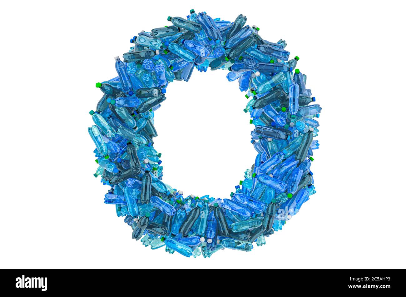 Letter O from plastic water bottles, 3D rendering isolated on white ...