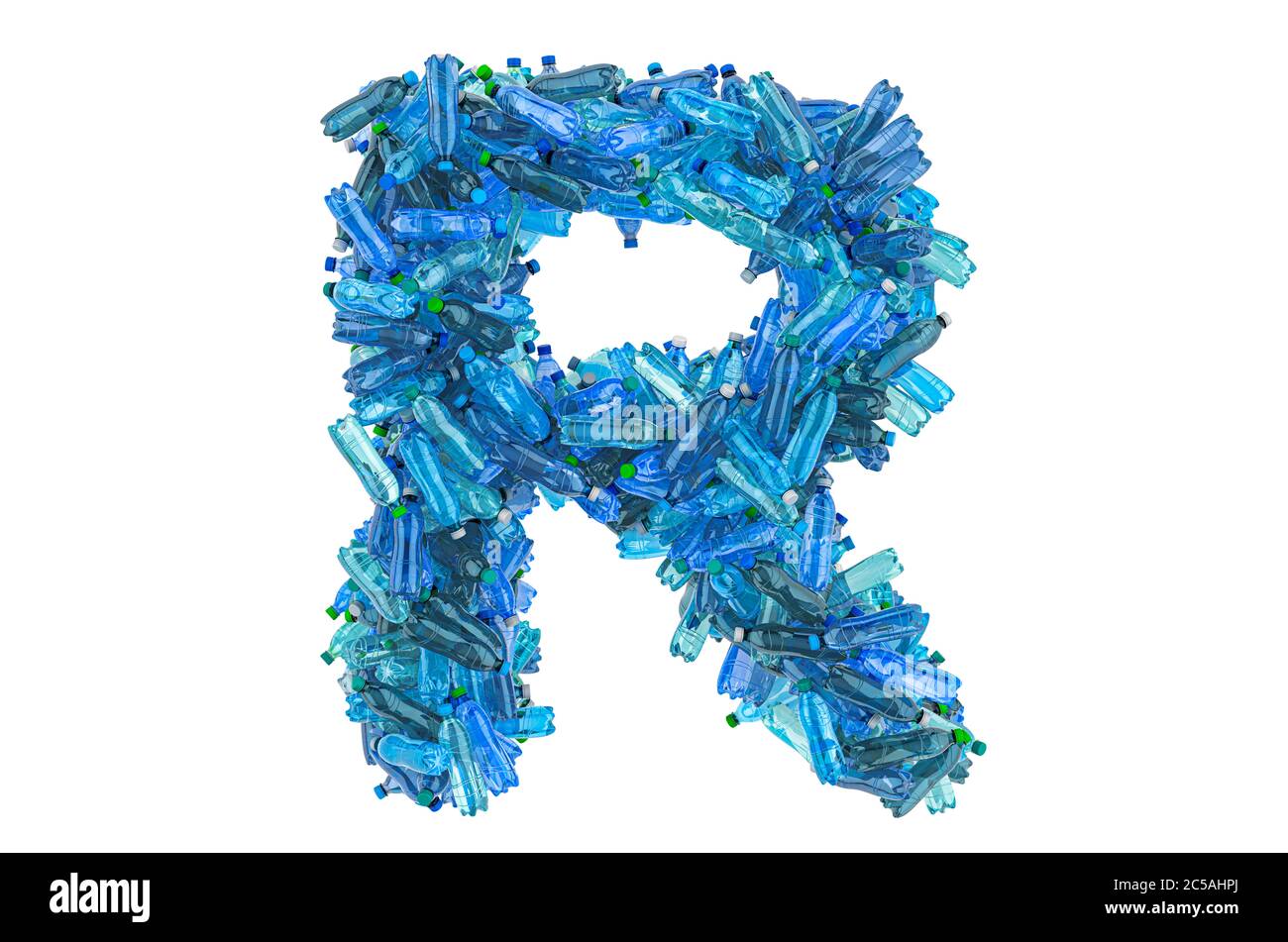 Letter R from plastic water bottles, 3D rendering isolated on white ...