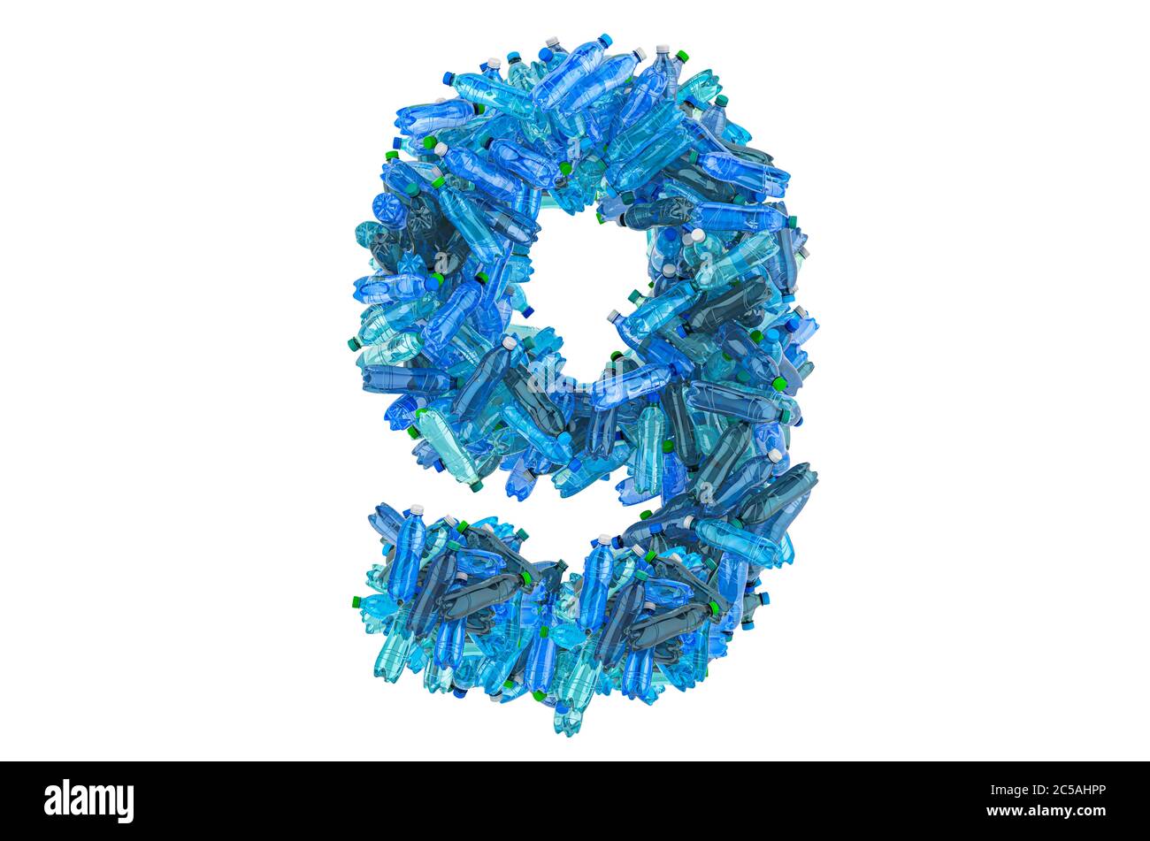 Number 9 from plastic water bottles, 3D rendering isolated on white ...