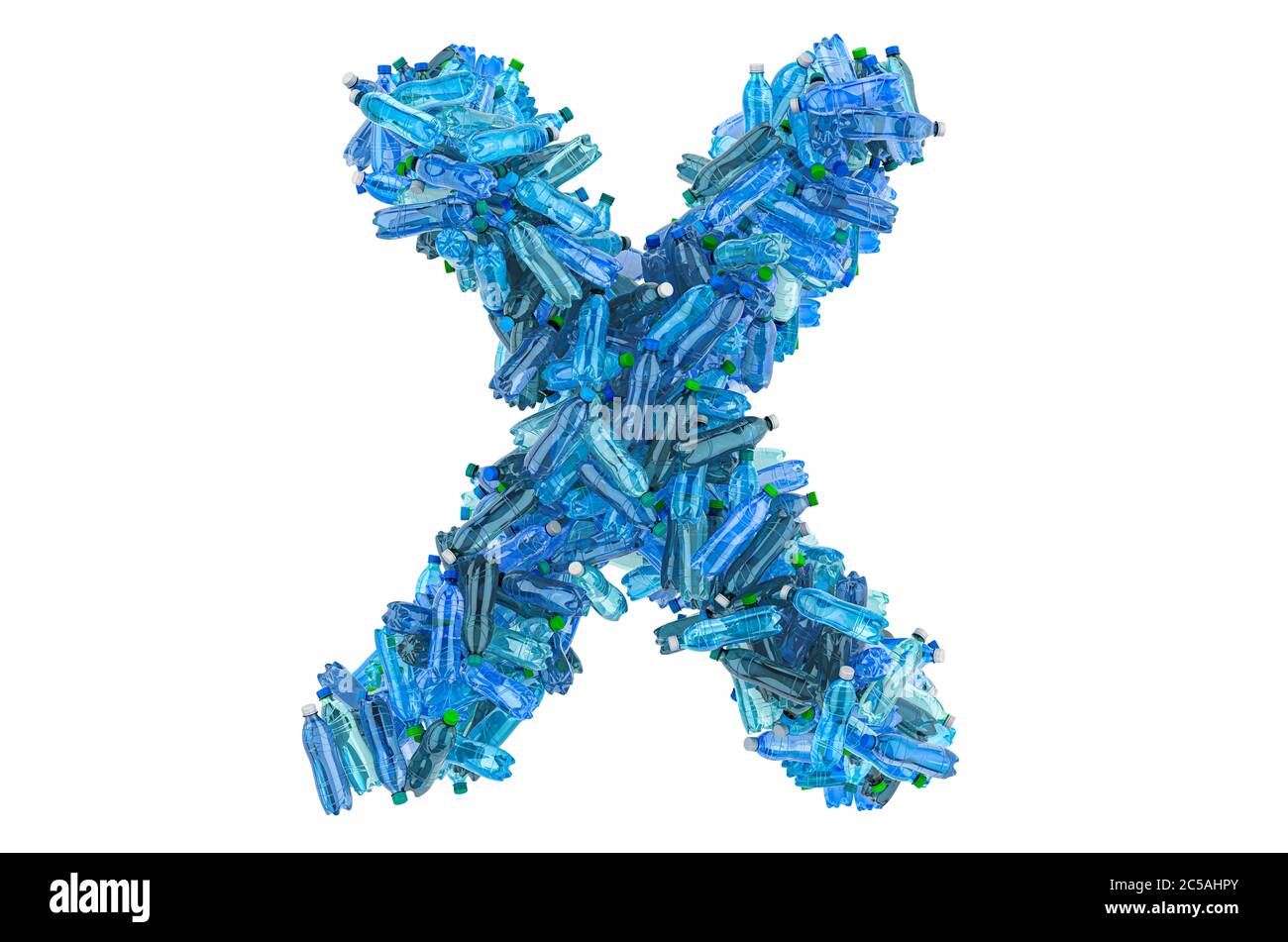 Letter X from plastic water bottles, 3D rendering isolated on white ...