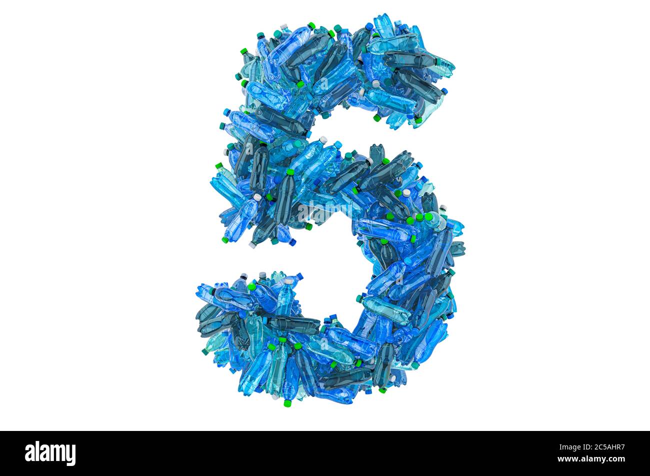 Number 5 from plastic water bottles, 3D rendering isolated on white ...
