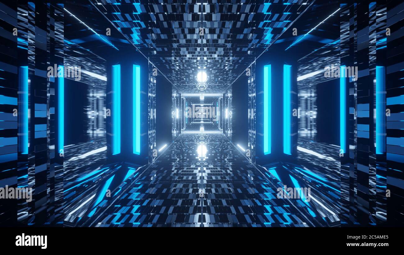 3D rendering of blue linear lights and a cube in the center ...