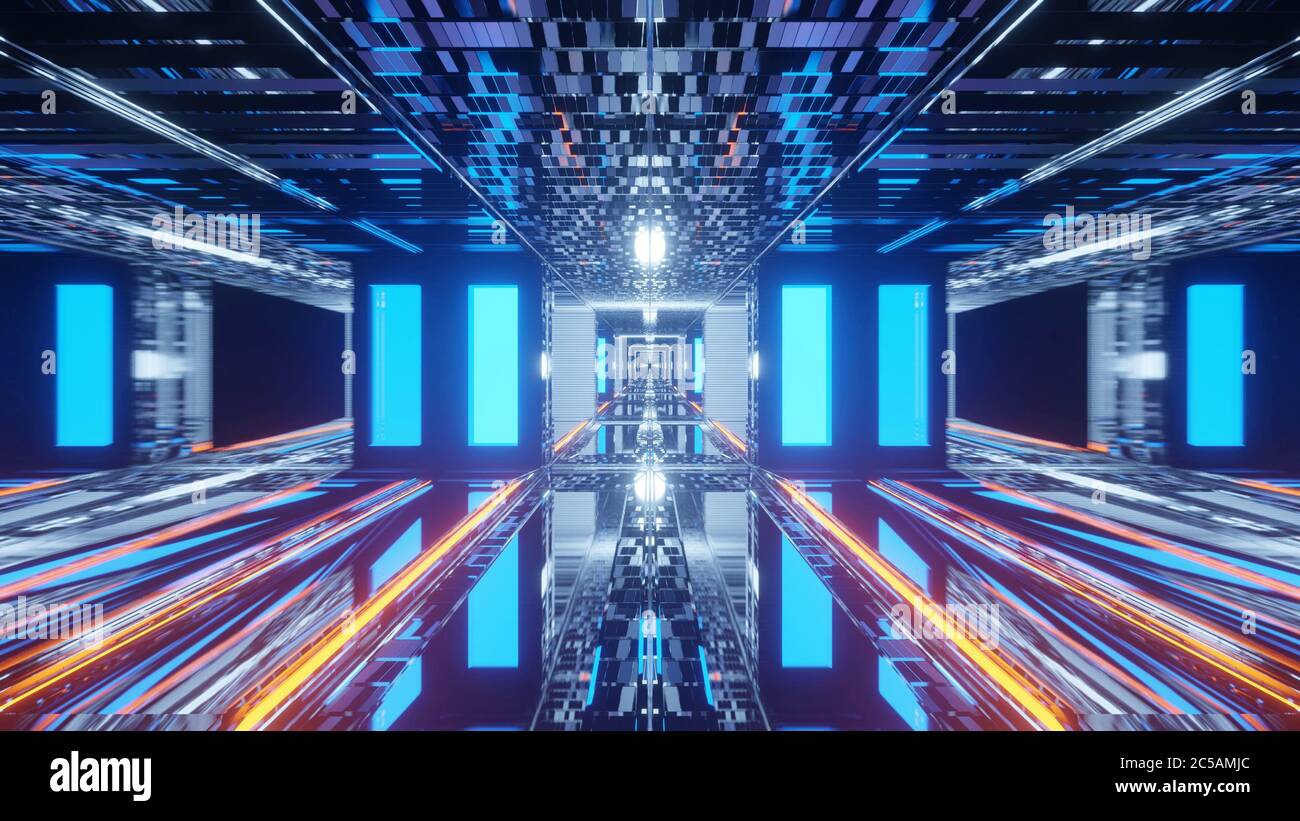 3D rendering of blue lights shaping rectangles and a cube in the center - futuristic concept ...