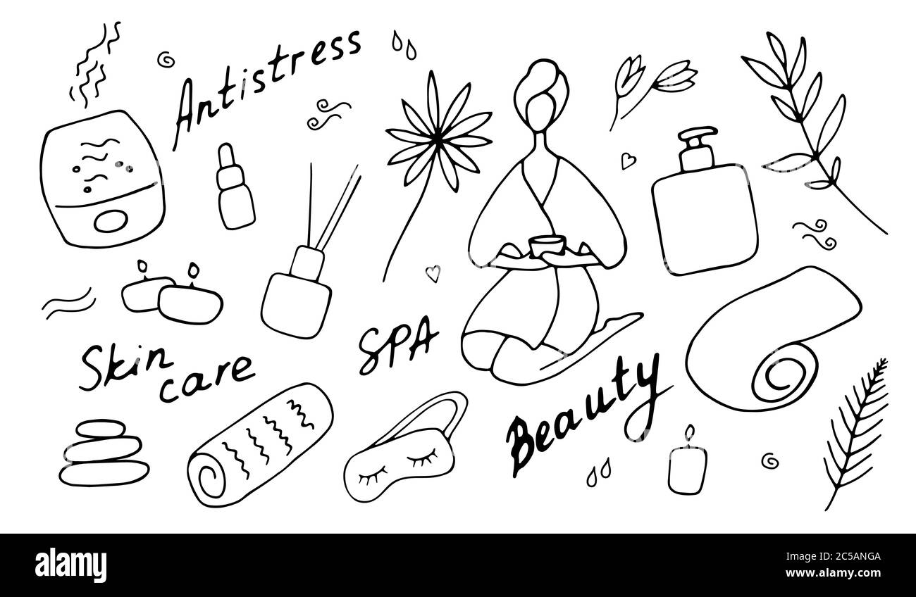 SPA procedure. Beauty wellness center elements. Hand drawn vector ...