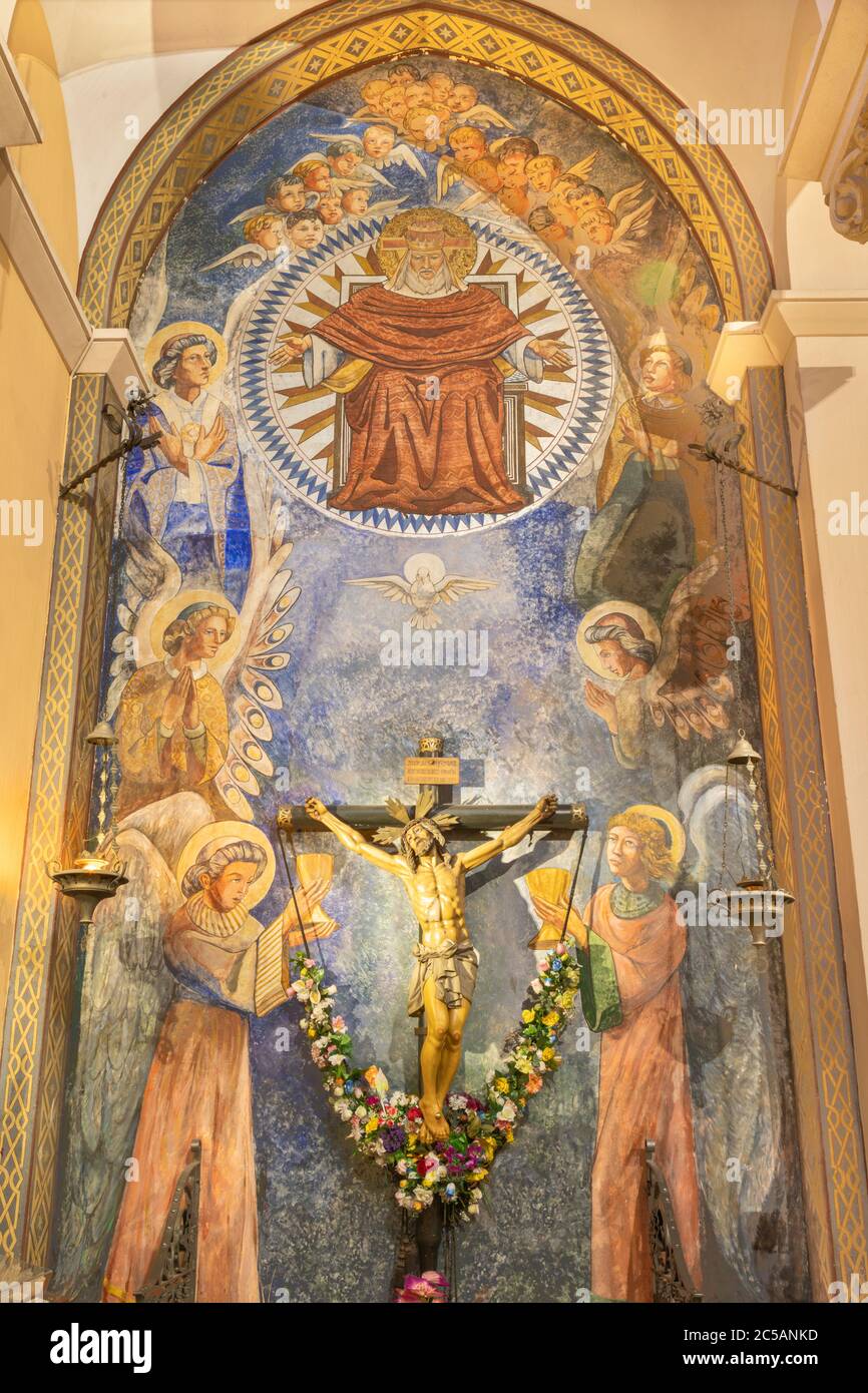 BARCELONA, SPAIN - MARCH 4, 2020: The modern fresco of Holy Trinity in ...