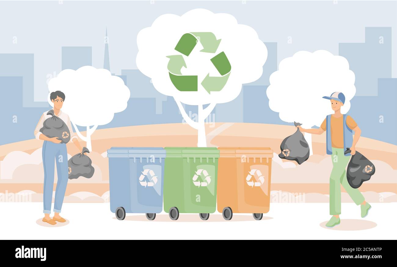Smiling people putting garbage in containers vector flat illustration ...