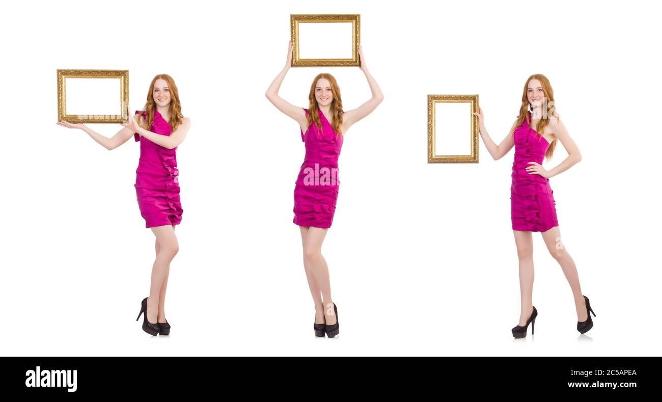 The woman with picture frame on white Stock Photo - Alamy