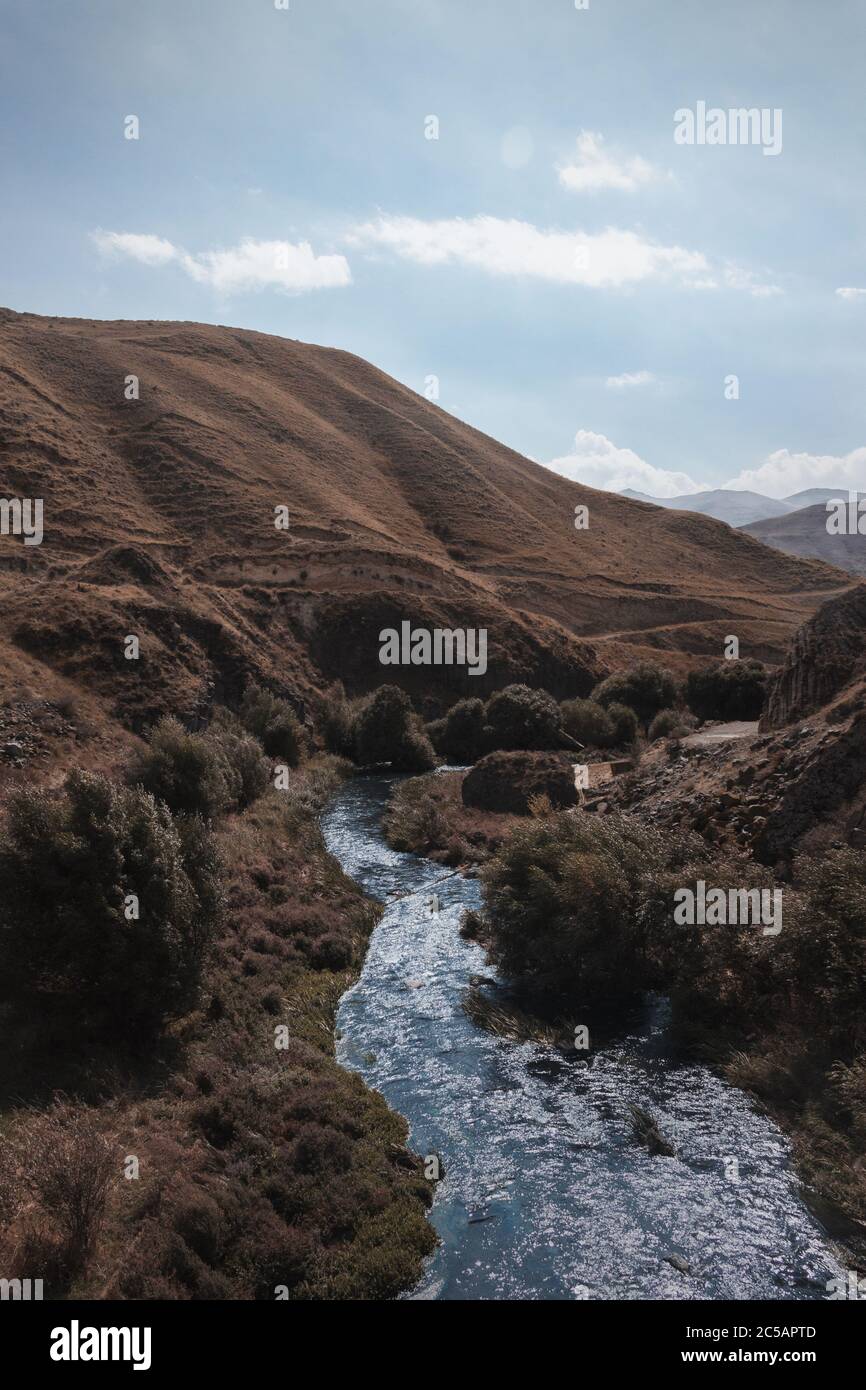Vertical aerial shot of a river going through the trees and the hill ...
