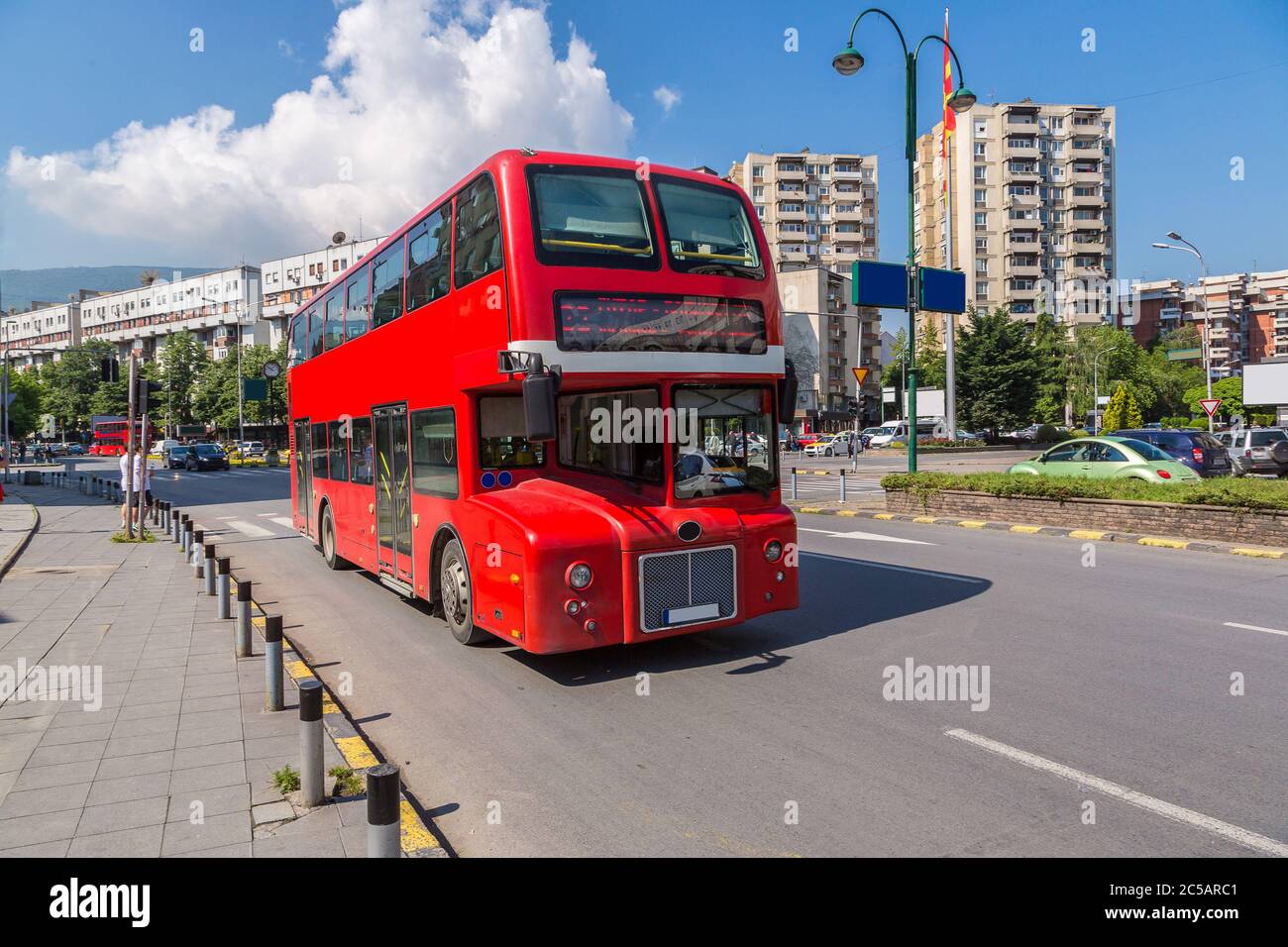 Double decker bus in Skopje in a beautiful summer night, Macedonia ...