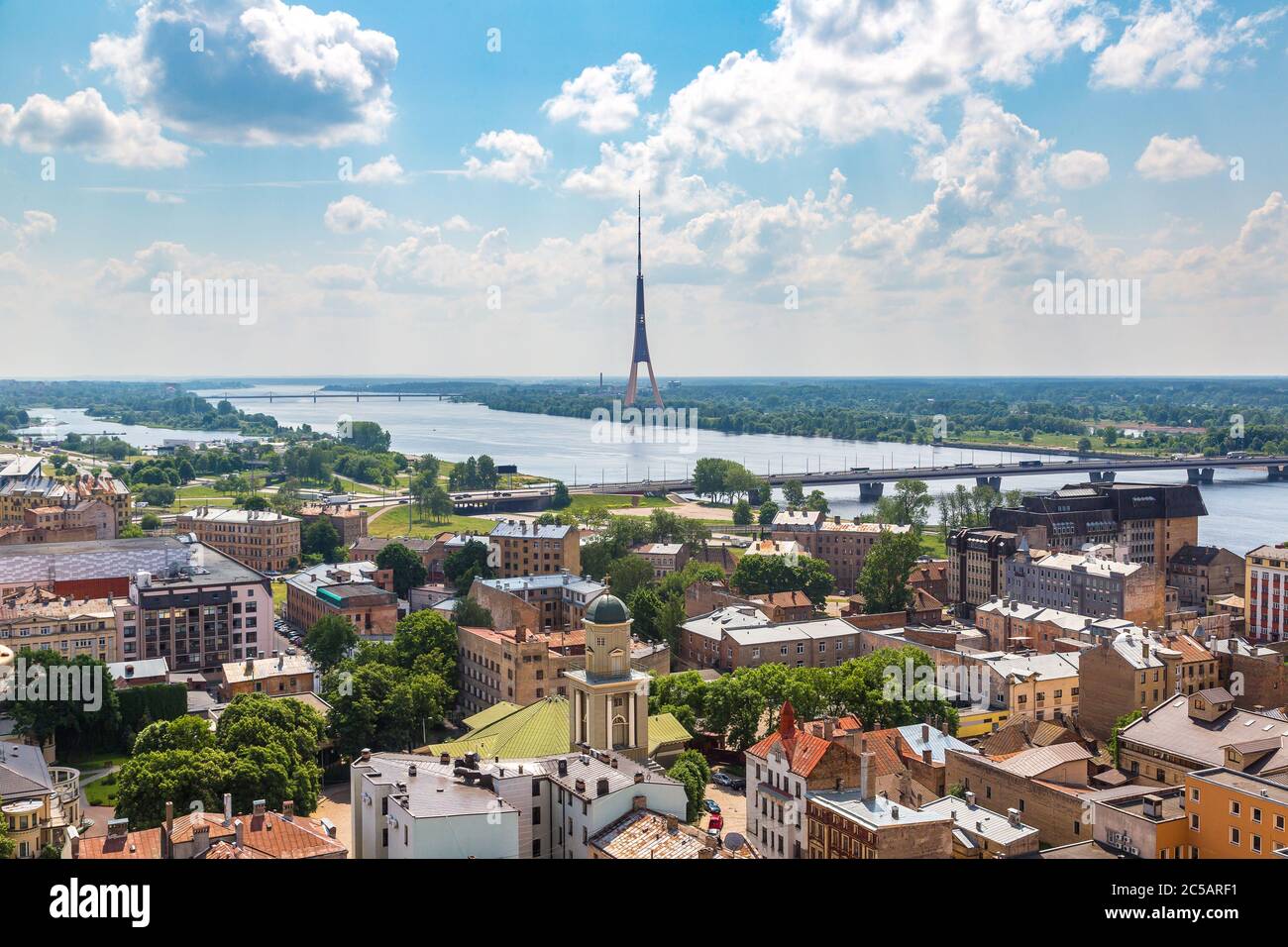 Panoramic aerial view of Riga and TV tower in a beautiful summer day ...