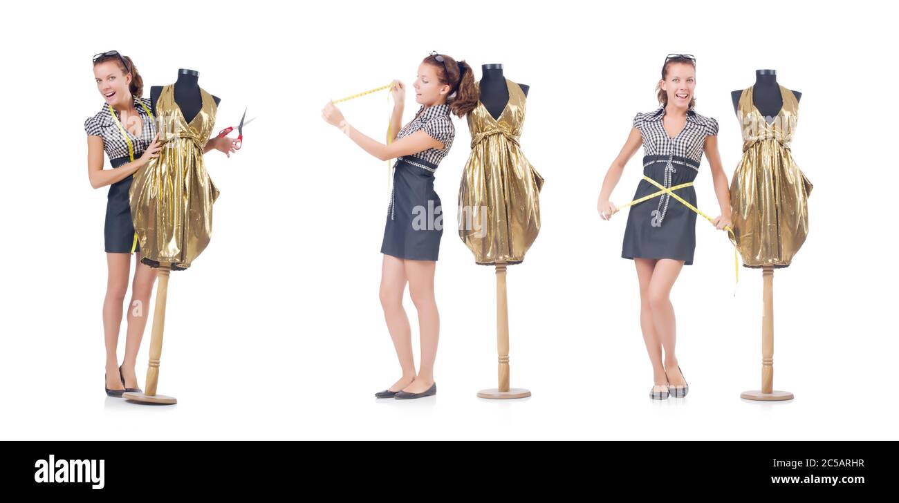 The woman tailor working on white background Stock Photo - Alamy