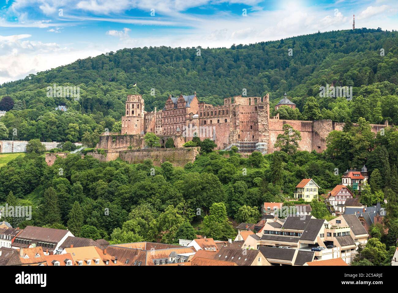 Panoramic aerial view of Heidelberg and ruins of Heidelberg Castle ...