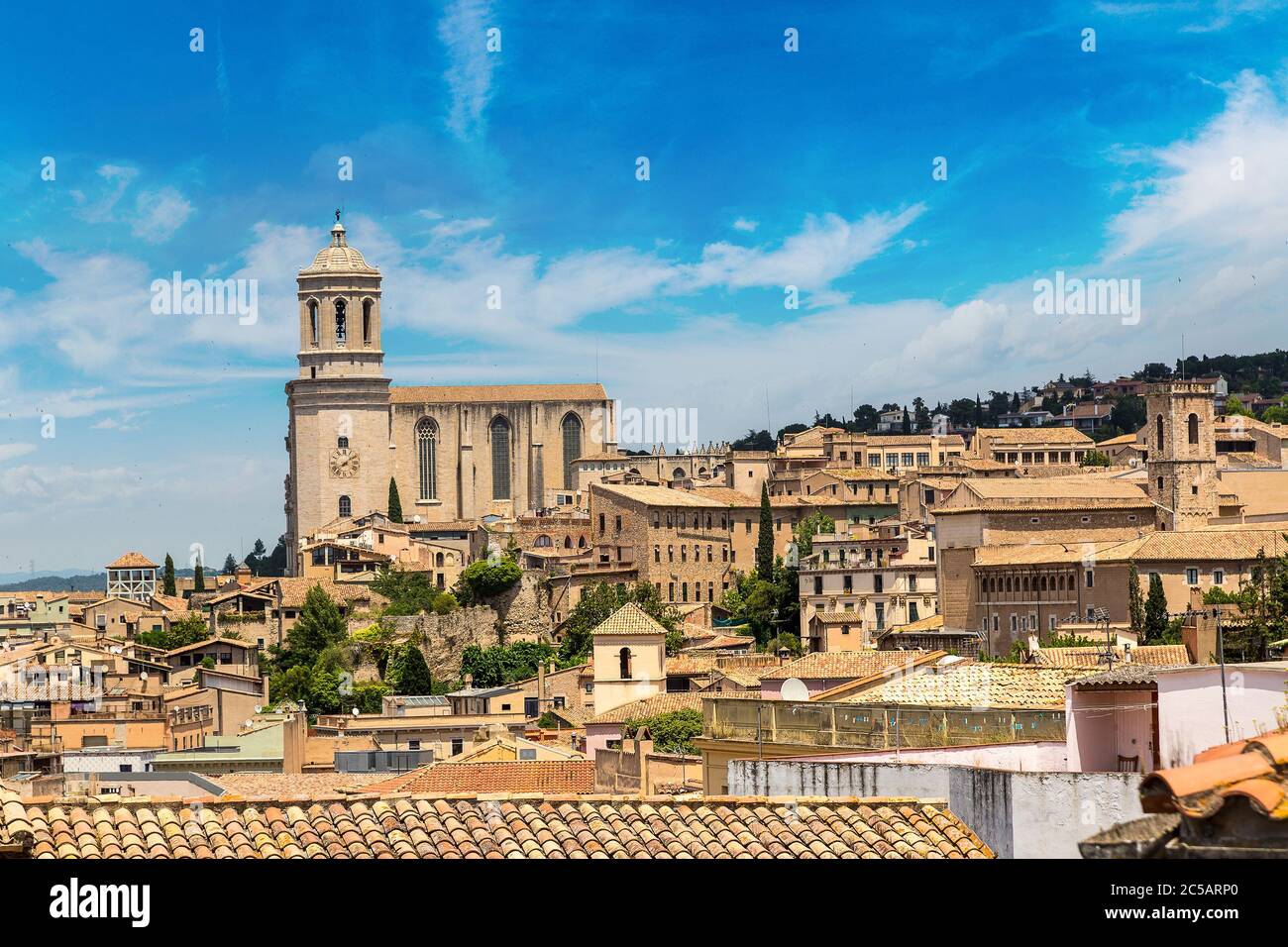 Panoramic aerial view of Girona and cathedral in a beautiful summer day ...