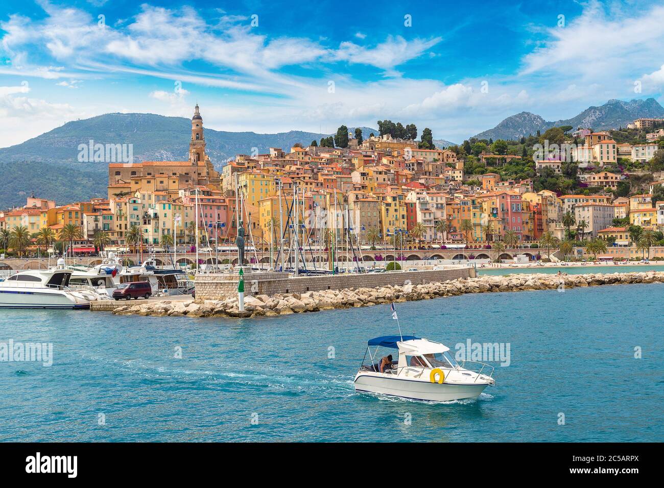 Colorful old town and beach in Menton on french Riviera in a beautiful ...
