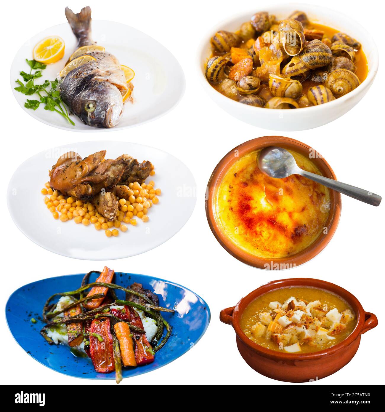 Collection of various Catalonian dishes served with vegetables and ...