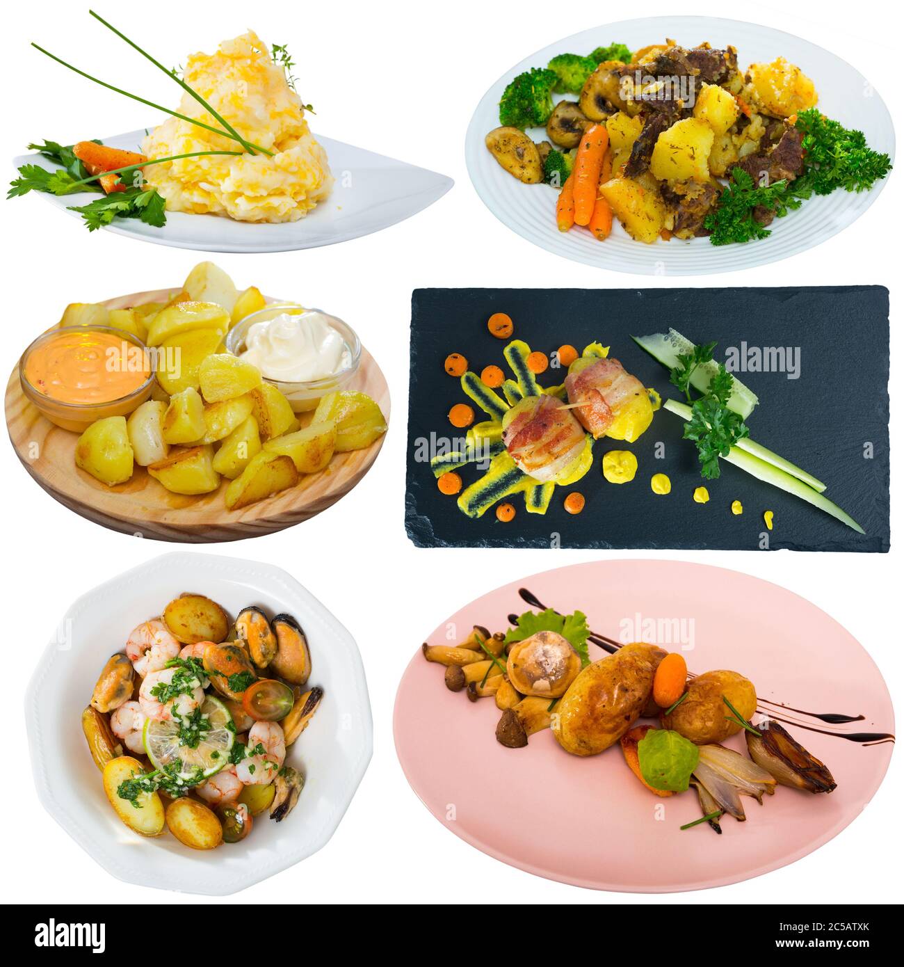 Set of various appetizing dishes with potatoes isolated on white ...