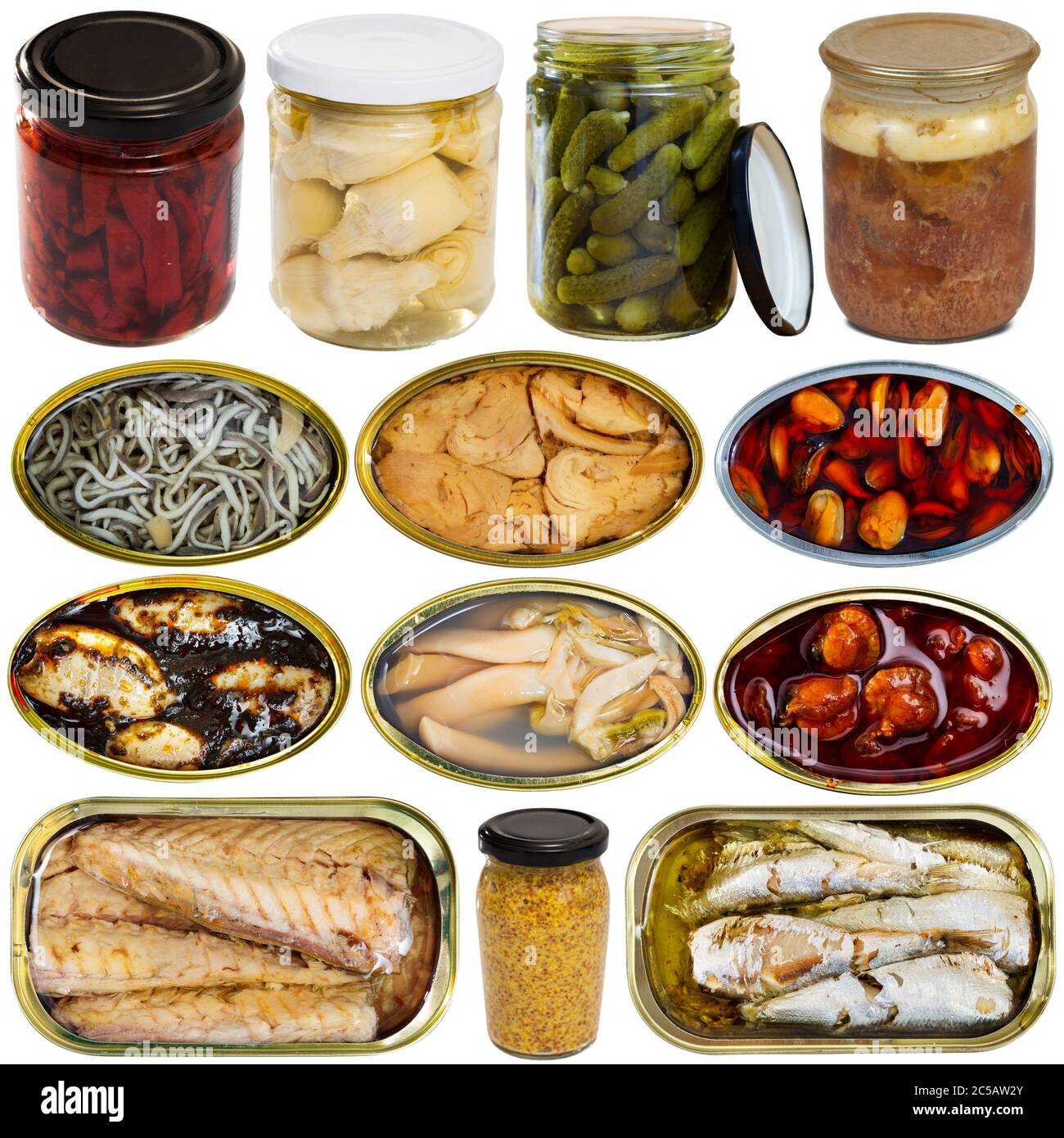 Assorted various canned goods with meat, vegetables and seafood on a ...