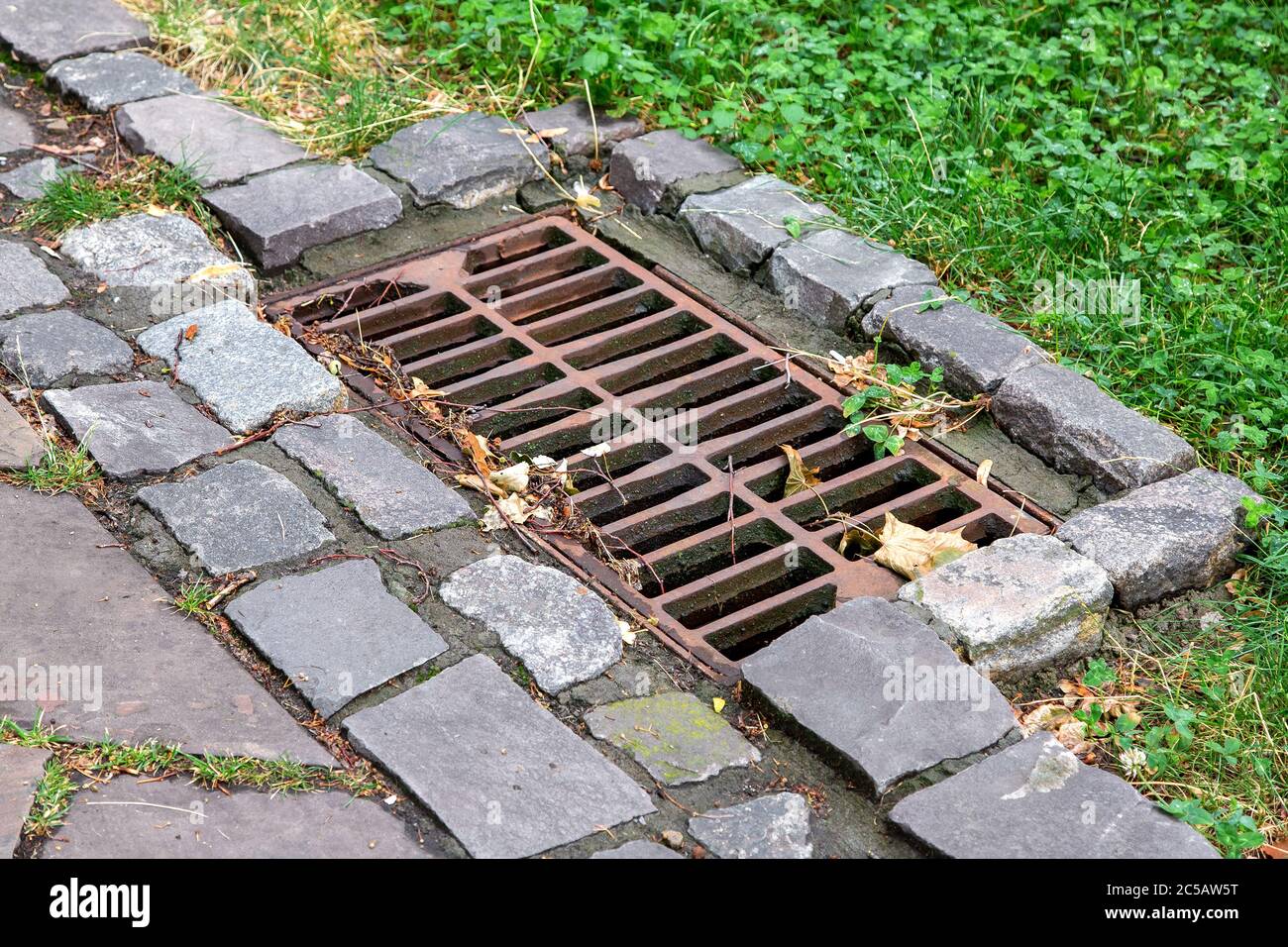 square hatch rusty rainstorm grill dirty in leaves with garbage in the ...