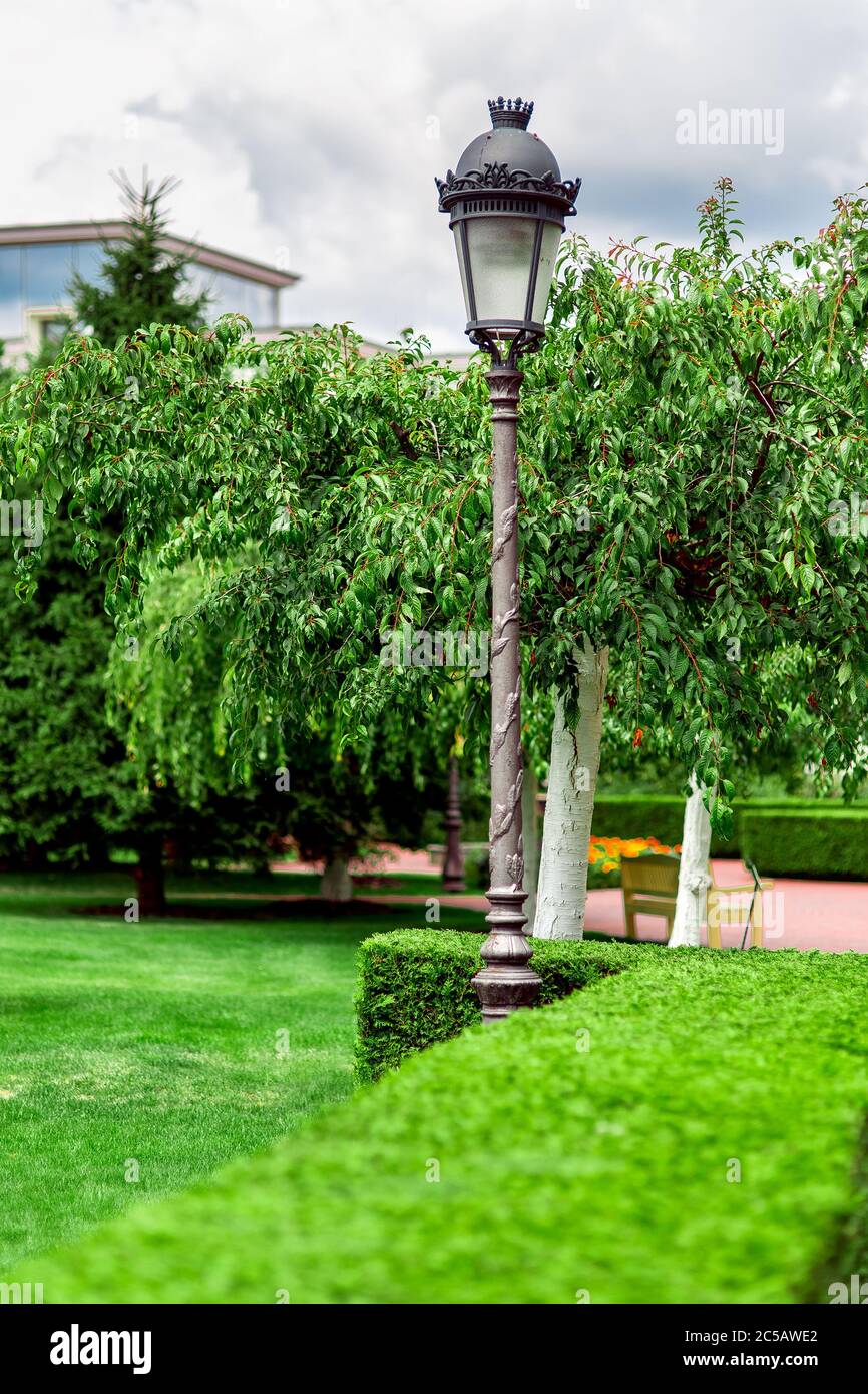 an iron lamppost with a pattern and a lantern with a glass shade in a ...