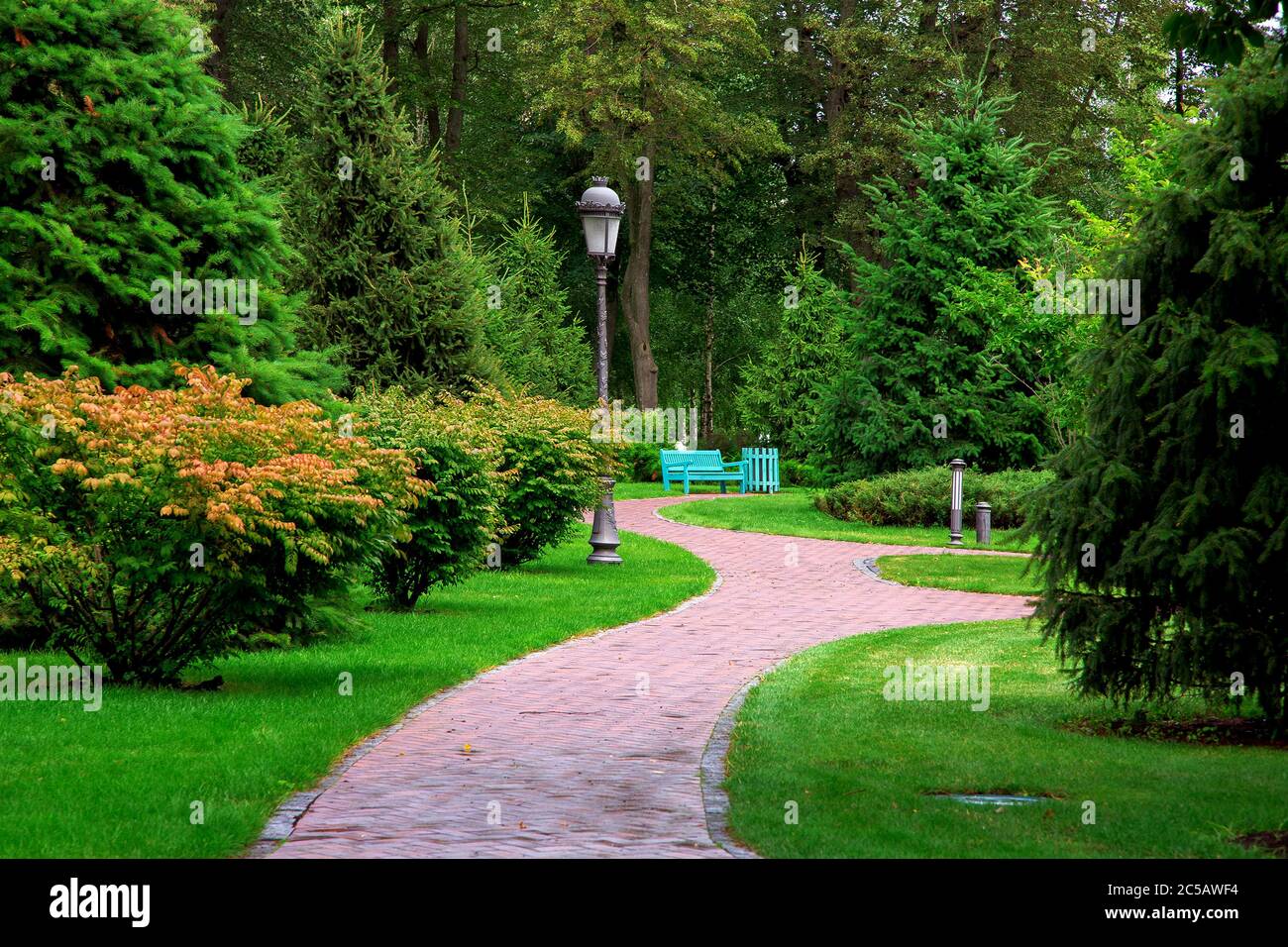 Footpath in perspective a park with bends in a park with green lawns ...