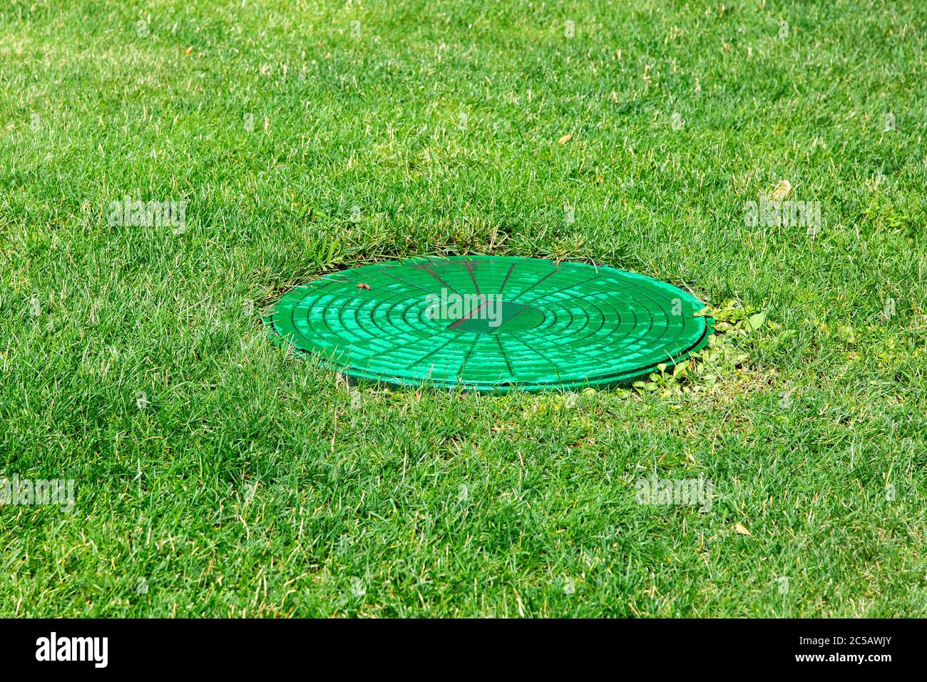 Green hatch of a sewer system in green meadow, close up manhole on ...