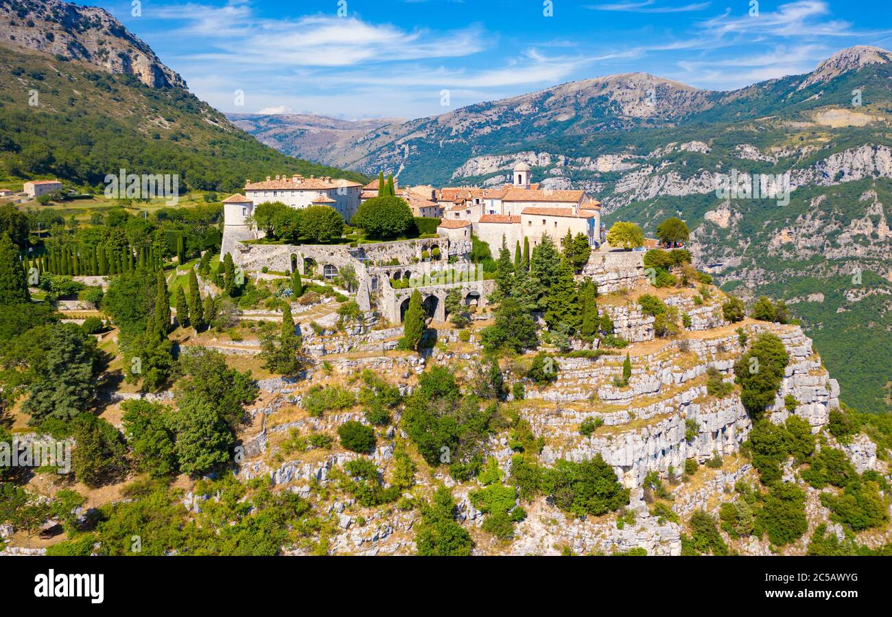 View of mountain top village Gourdon in Provence, France Stock Photo ...