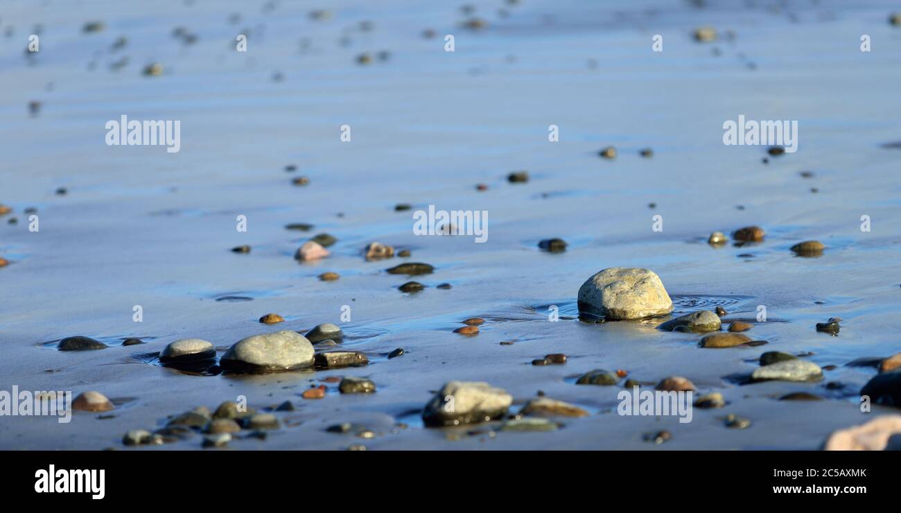 Natural background, pebble in water on the ocean shore at sunset time ...