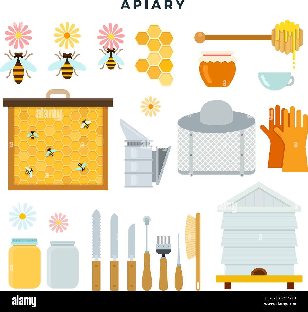 Apiary tools and equipment, set of icons. Everything for beekeeping ...