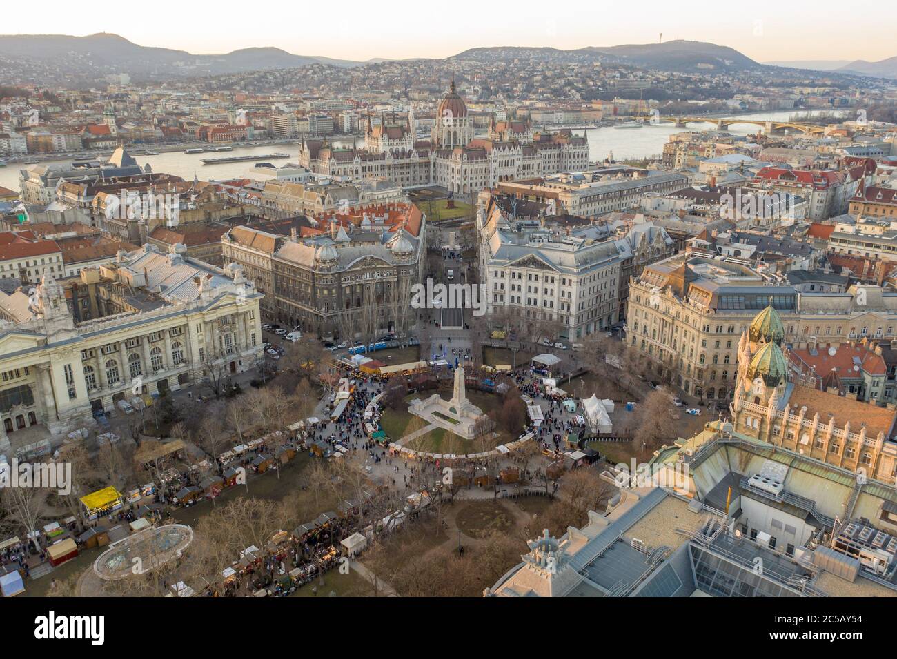 Aerial drone shot of Liberty Square Budapest downtown during sunset ...