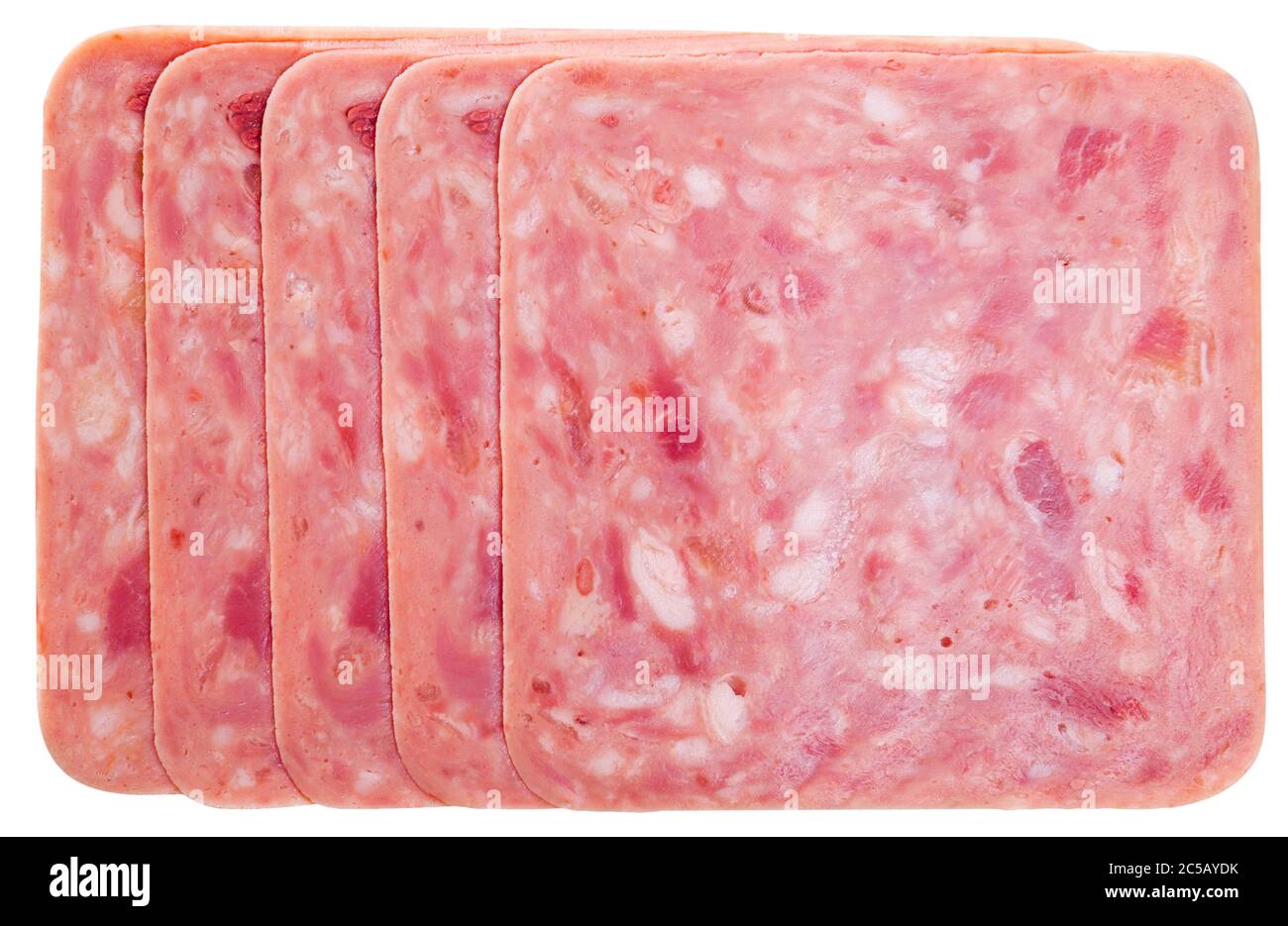 Image of slicing chopped ham from pork meat. Isolated over white ...