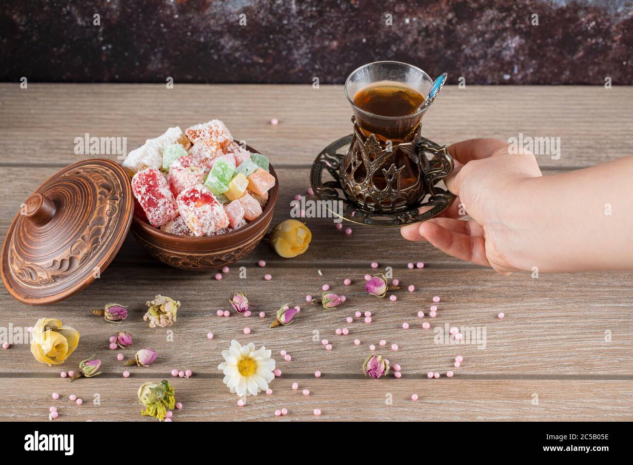 Turkish lokum and a glass of tea Stock Photo - Alamy