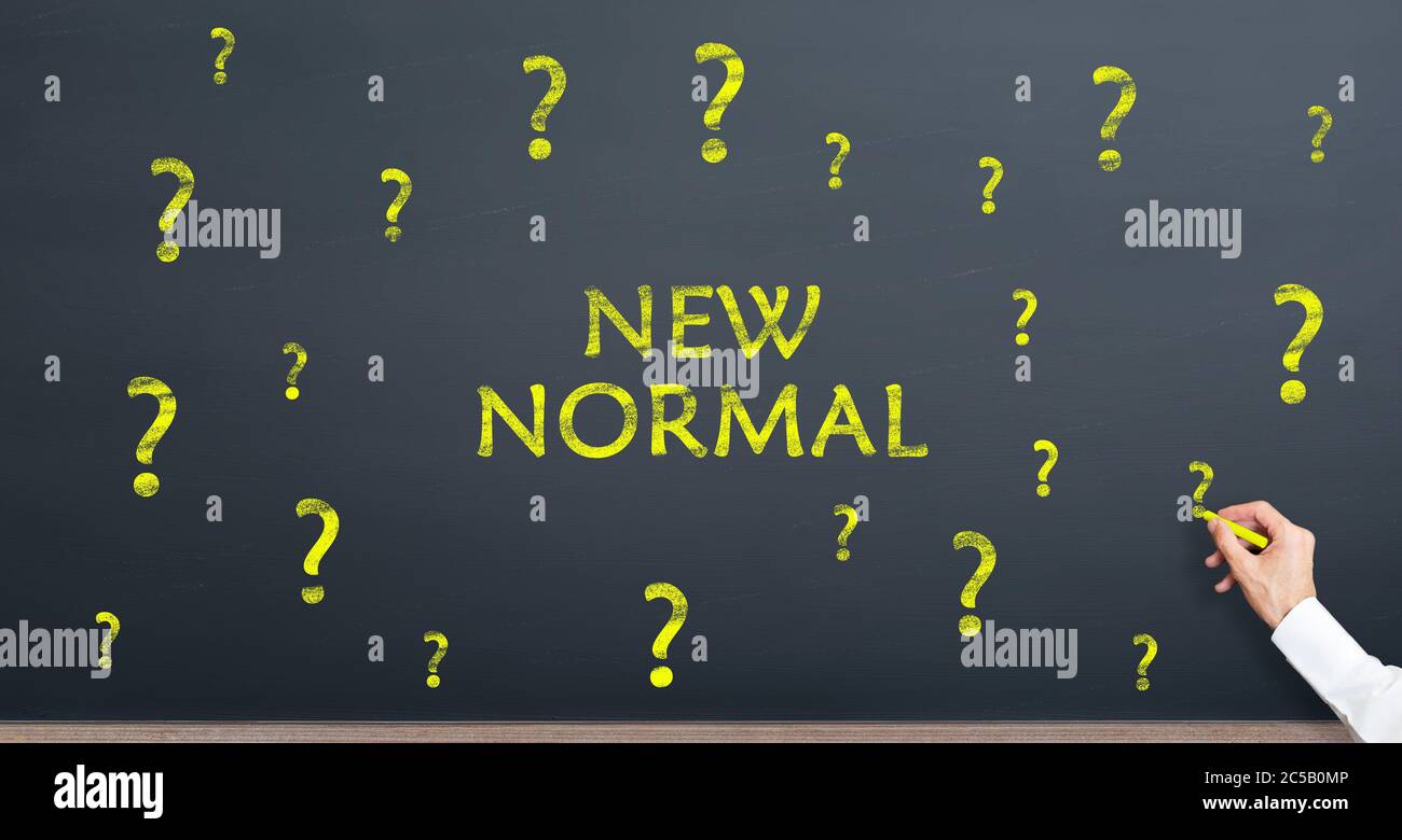 New normal and question mark concept on chalkboard. Normalization ...