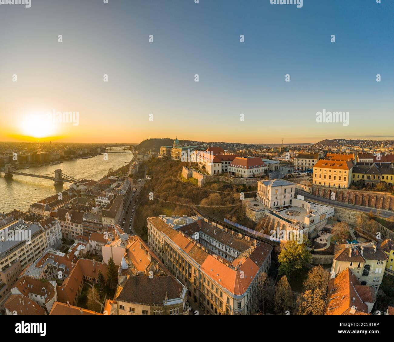 Aerial drone shot of Buda castle on Buda hill during Budapest sunrise ...