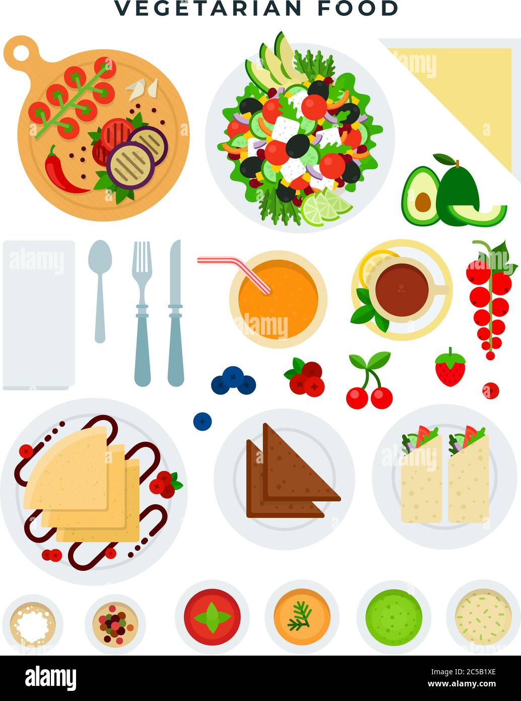 Variety of vegetarian food, raw and cooked, set of flat design colorful ...