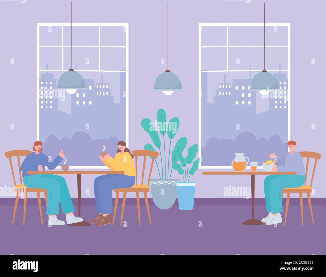 restaurant social distancing, people sitting in restaurant eating in ...