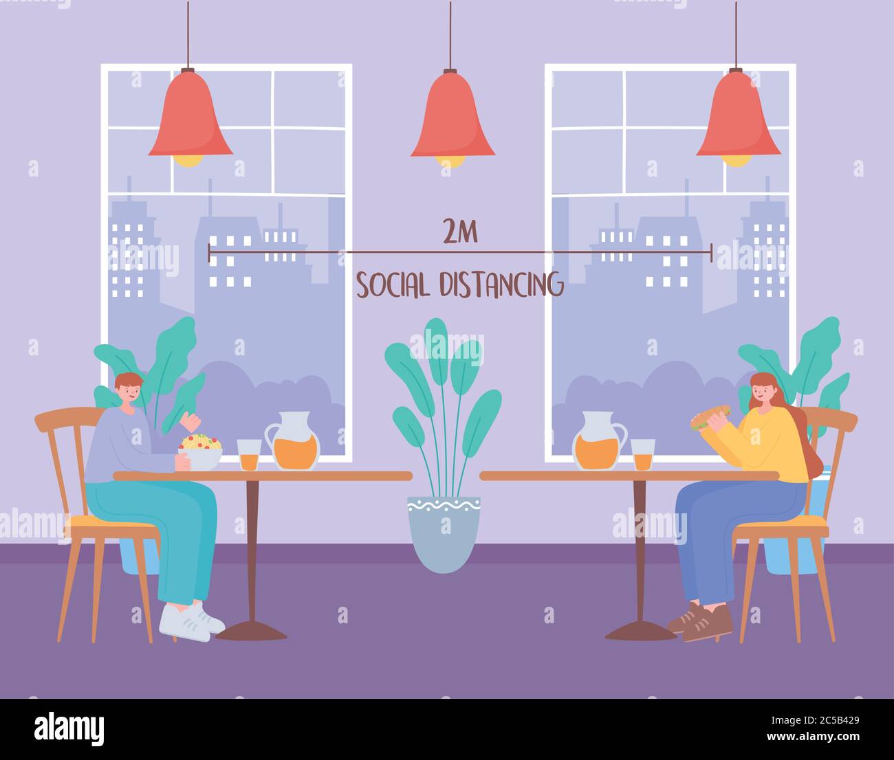 restaurant social distancing, man and woman having lunch in separate ...