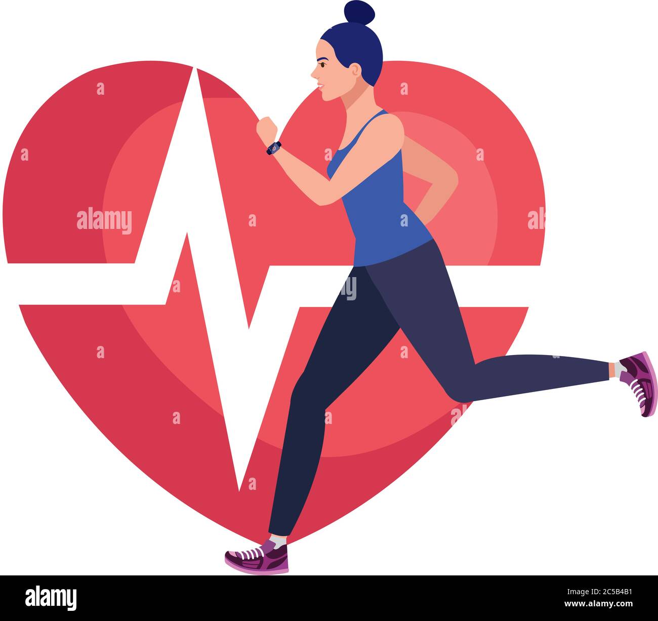 woman running with heart pulse on background, female athlete with ...