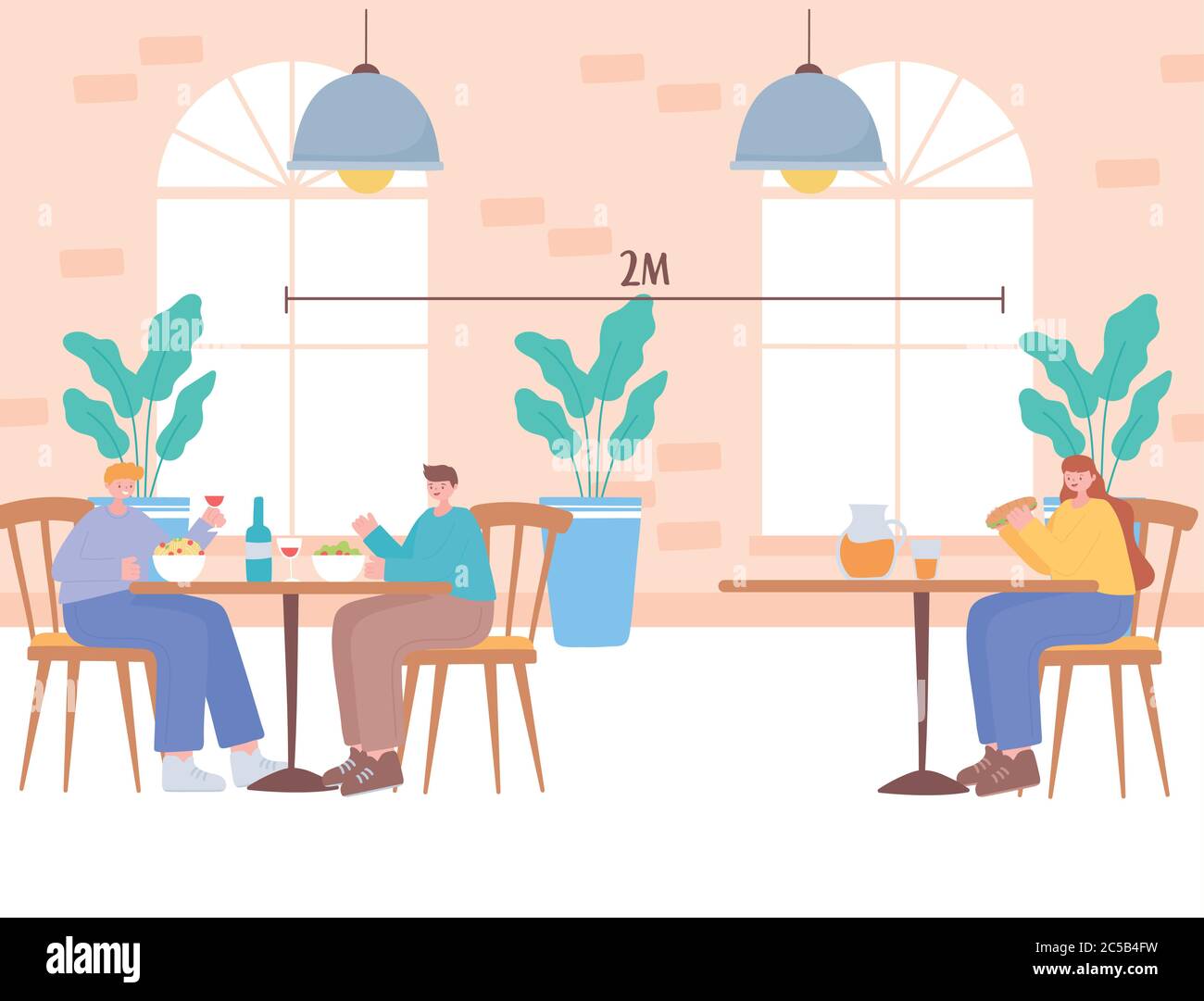 restaurant social distancing, people sit a distance apart in tables ...
